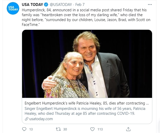 Engelbert Humperdinck's Wife, Patricia Healey, Dies At Age 85 ...